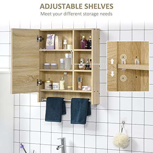 kleankin 23.5" x 27.5" Wall-Mounted Bathroom Medicine Cabinet, Vanity Mirror with 3 Storage Shelves, Inside Adjustable Shelf, and Towel Rack, Natural