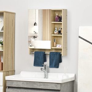 kleankin 23.5" x 27.5" Wall-Mounted Bathroom Medicine Cabinet, Vanity Mirror with 3 Storage Shelves, Inside Adjustable Shelf, and Towel Rack, Natural