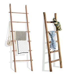 fuin 6ft & 5ft wood decorative wall leaning blanket ladders bathroom storage quilt towel display rack shelf holder rustic farmhouse, brown