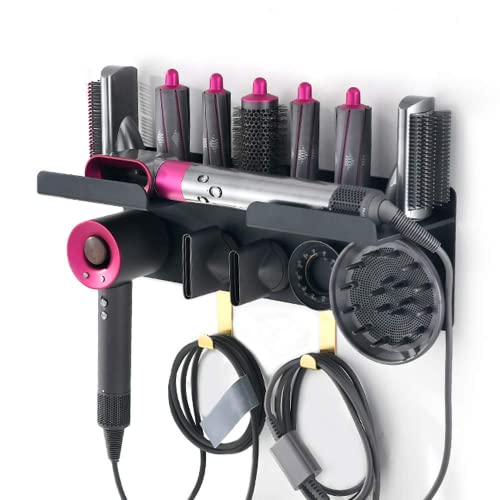 Wall Mount Holder Adhesive for Dyson Airwrap Styler Supersonic Hair Dryer, Nail-Free or Perforat to Install, Organizer Storage Rack with Hooks Steel Rings for Curling Barrels Brushes