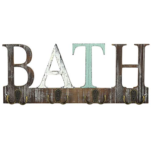 MyGift Wall Mounted Towel Hooks for Bathrooms, Rustic Torched Wood Hanging Towel Rack with 4 Dual Hooks and Bath Cutout Design