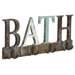 MyGift Wall Mounted Towel Hooks for Bathrooms, Rustic Torched Wood Hanging Towel Rack with 4 Dual Hooks and Bath Cutout Design