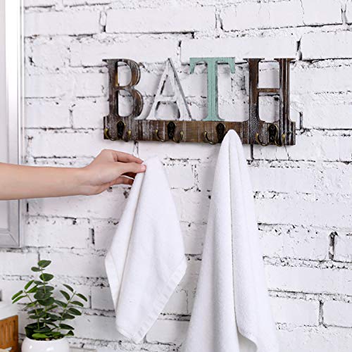 MyGift Wall Mounted Towel Hooks for Bathrooms, Rustic Torched Wood Hanging Towel Rack with 4 Dual Hooks and Bath Cutout Design