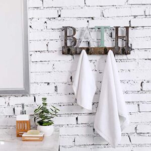 MyGift Wall Mounted Towel Hooks for Bathrooms, Rustic Torched Wood Hanging Towel Rack with 4 Dual Hooks and Bath Cutout Design