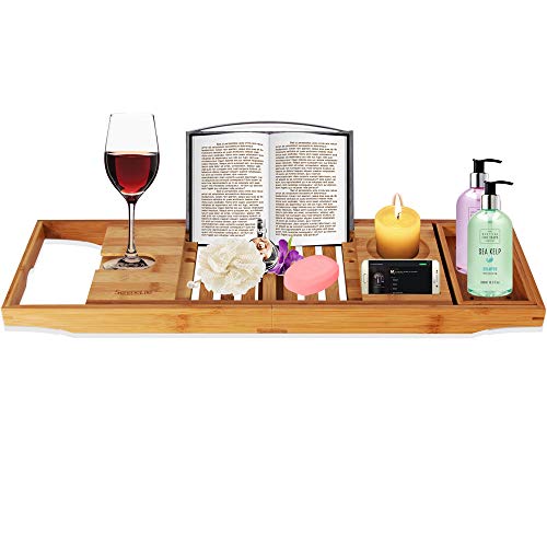 Adjustable Bamboo Bathtub Caddy Tray - Natural Wood Luxury Bath Tub Organizer w/ Wine Holder, Soap Dish, Cup Slot, Book Tablet Holder, and Phone Slot for Spa, Bathroom, Shower - SereneLife