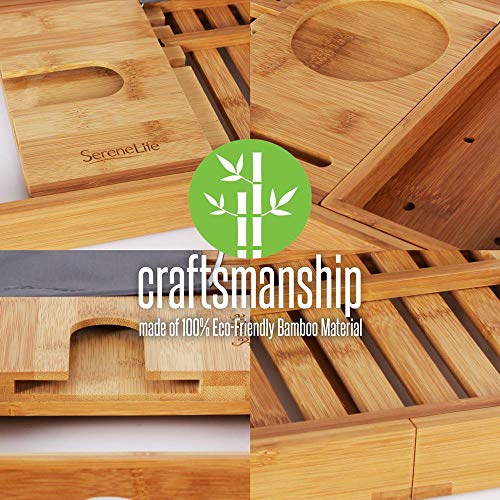 Adjustable Bamboo Bathtub Caddy Tray - Natural Wood Luxury Bath Tub Organizer w/ Wine Holder, Soap Dish, Cup Slot, Book Tablet Holder, and Phone Slot for Spa, Bathroom, Shower - SereneLife