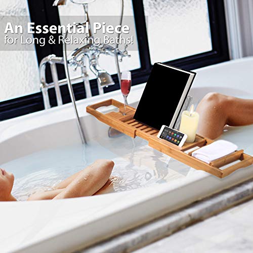 Adjustable Bamboo Bathtub Caddy Tray - Natural Wood Luxury Bath Tub Organizer w/ Wine Holder, Soap Dish, Cup Slot, Book Tablet Holder, and Phone Slot for Spa, Bathroom, Shower - SereneLife