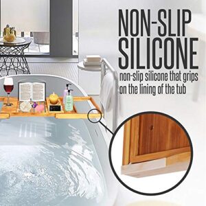 Adjustable Bamboo Bathtub Caddy Tray - Natural Wood Luxury Bath Tub Organizer w/ Wine Holder, Soap Dish, Cup Slot, Book Tablet Holder, and Phone Slot for Spa, Bathroom, Shower - SereneLife