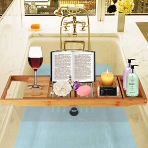 Adjustable Bamboo Bathtub Caddy Tray - Natural Wood Luxury Bath Tub Organizer w/ Wine Holder, Soap Dish, Cup Slot, Book Tablet Holder, and Phone Slot for Spa, Bathroom, Shower - SereneLife