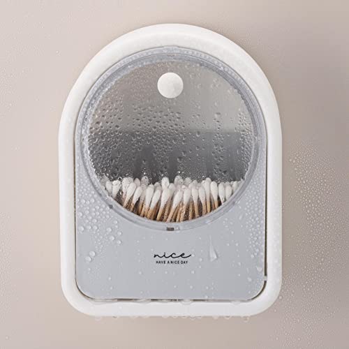 Tecbeauty Cotton Swab Holder Clamshell Qtip Cotton Pads Organizer Bathroom Storage Container- Wall Sticky Mounted (White)