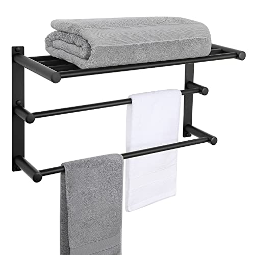 Bathroom Towel Rack with Tower Bars 3 Tiers- Double Towel Bar with Shelf SUS 304 Stainless Steel Lavatory Bath Towel Shelf Wall Mount Towel Holder Black