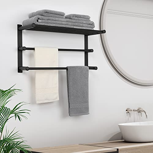 Bathroom Towel Rack with Tower Bars 3 Tiers- Double Towel Bar with Shelf SUS 304 Stainless Steel Lavatory Bath Towel Shelf Wall Mount Towel Holder Black