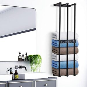 sawjut wall towel racks for bathroom wall mounted, 3 bars metal wall towel storage rack with 6 hooks, bath towel holder shelf for rolled towels large towel washcloths hand towels (black)