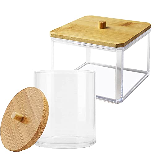 YuCool Acrylic Round and Square Holder Dispenser with Bamboo Lid for Cotton Ball Pad Bath Salt