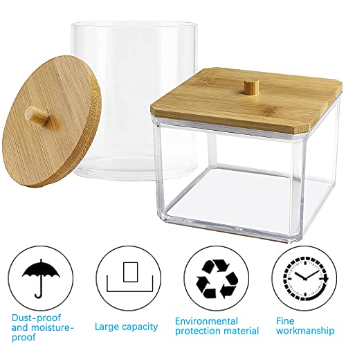 YuCool Acrylic Round and Square Holder Dispenser with Bamboo Lid for Cotton Ball Pad Bath Salt