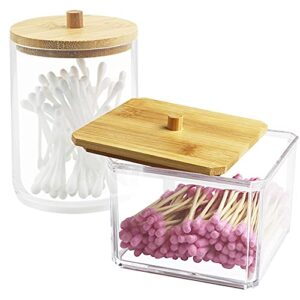 YuCool Acrylic Round and Square Holder Dispenser with Bamboo Lid for Cotton Ball Pad Bath Salt