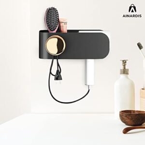 AINARDIS Hair Dryer Holder - Space Saving Bathroom Organizer Storage Caddy, Blow Dryer Cord Holder, Strong Adhesive Mount, Renter Friendly / No Damage, Hair Dryer Holder Wall Mounted, Stylish Gift.