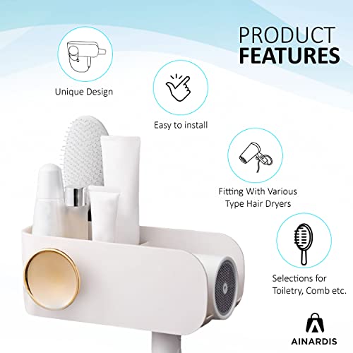 AINARDIS Hair Dryer Holder - Space Saving Bathroom Organizer Storage Caddy, Blow Dryer Cord Holder, Strong Adhesive Mount, Renter Friendly / No Damage, Hair Dryer Holder Wall Mounted, Stylish Gift.