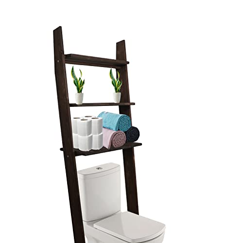 GENESIS WOODESIGN Over The Toilet Bathroom Organizer Shelves, 3-Tier Freestanding Above Toilet Storage Ladder Shelf, Standing Space Saver Behind Toilet Small Bathroom Organizer (Walnut)