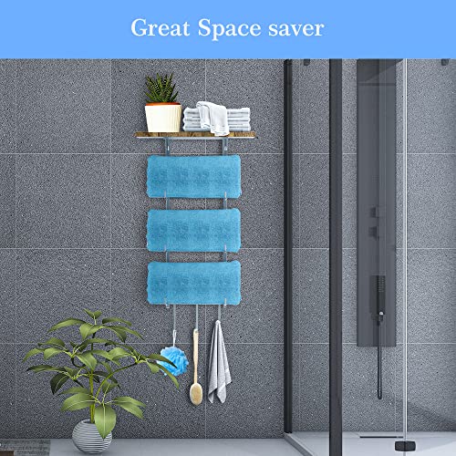 Towel Racks for Bathroom Wall Mounted,Wall Rack for Rolled Towels with 3 Hooks and Wood Shel, Metal Bath Towel Holder Organizer for Rolled Bath Towels, Hand Towels, Washcloths in Small Bathroom/Camper