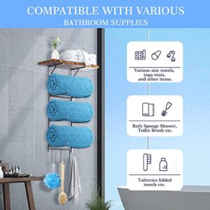 Towel Racks for Bathroom Wall Mounted,Wall Rack for Rolled Towels with 3 Hooks and Wood Shel, Metal Bath Towel Holder Organizer for Rolled Bath Towels, Hand Towels, Washcloths in Small Bathroom/Camper