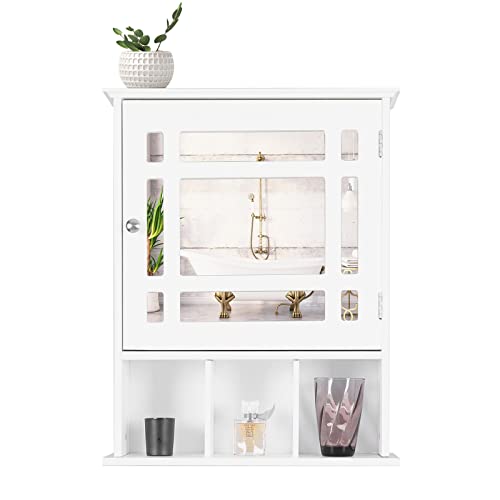 PHI VILLA Indoor Bathroom Medicine Cabinet with Mirror Wall Mounted Storage Cabinet Organizer with Mirrored Doors and Adjustable Shelf, White