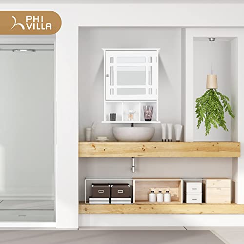 PHI VILLA Indoor Bathroom Medicine Cabinet with Mirror Wall Mounted Storage Cabinet Organizer with Mirrored Doors and Adjustable Shelf, White