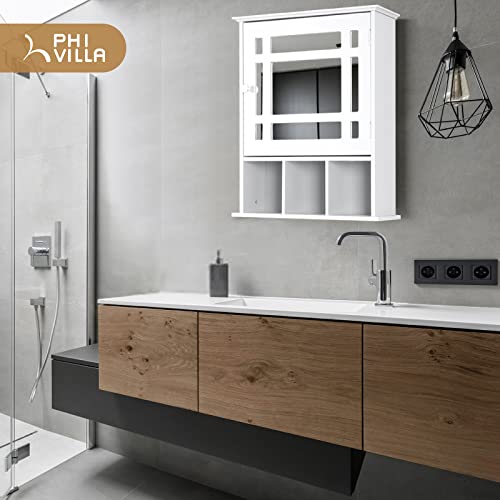 PHI VILLA Indoor Bathroom Medicine Cabinet with Mirror Wall Mounted Storage Cabinet Organizer with Mirrored Doors and Adjustable Shelf, White