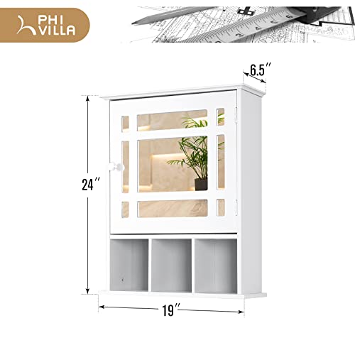 PHI VILLA Indoor Bathroom Medicine Cabinet with Mirror Wall Mounted Storage Cabinet Organizer with Mirrored Doors and Adjustable Shelf, White