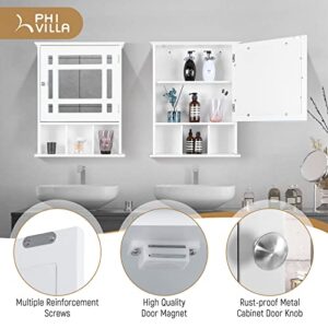 PHI VILLA Indoor Bathroom Medicine Cabinet with Mirror Wall Mounted Storage Cabinet Organizer with Mirrored Doors and Adjustable Shelf, White