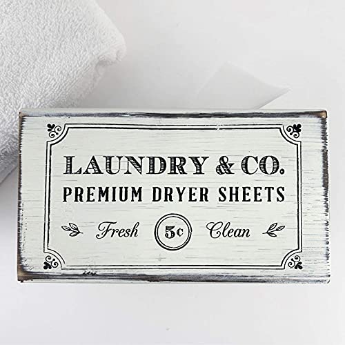 Adore Galore Decor Dryer Sheet Dispenser – Neat Wood Dryer Sheet Holder for Fabric Softener Sheets with Metal Dispensing Push Plate and 2 Laundry Signs - Farmhouse Laundry Room Decor (Ivory)