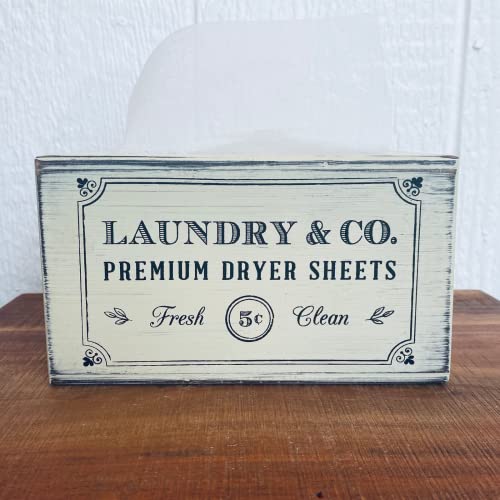 Adore Galore Decor Dryer Sheet Dispenser – Neat Wood Dryer Sheet Holder for Fabric Softener Sheets with Metal Dispensing Push Plate and 2 Laundry Signs - Farmhouse Laundry Room Decor (Ivory)