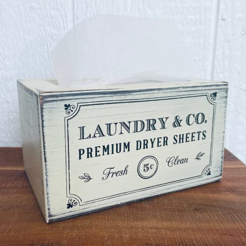 Adore Galore Decor Dryer Sheet Dispenser – Neat Wood Dryer Sheet Holder for Fabric Softener Sheets with Metal Dispensing Push Plate and 2 Laundry Signs - Farmhouse Laundry Room Decor (Ivory)