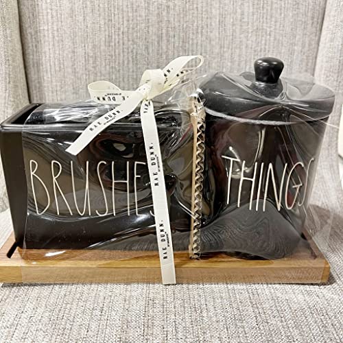 Rae Dunn Brushes and Things Bathroom Ceramic Black Holders With Wooden Tray