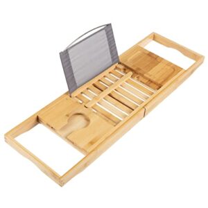 bamboo bath caddy-natural wood bathtub tray with extending sides, secure cupholders and water-proof book, tablet, or phone holder by lavish home