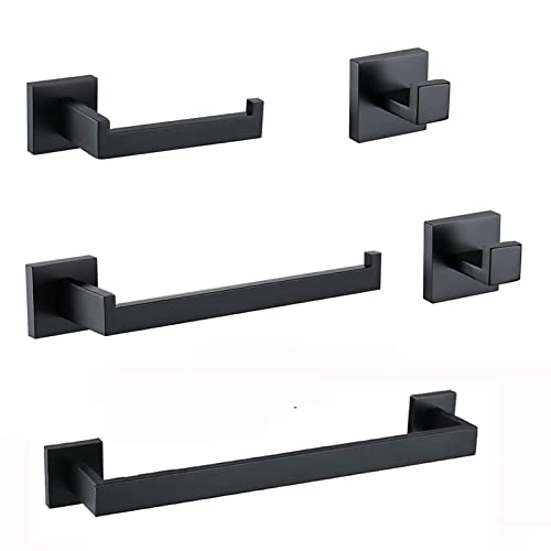 Ralbay 5-Pieces 14.2" Bath Towel Bar Set Black Premium Stainless Steel Square Style Matte Black Bathroom Hardware Accessories Set Wall Mounted Towel Rack Set