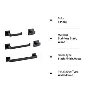 Ralbay 5-Pieces 14.2" Bath Towel Bar Set Black Premium Stainless Steel Square Style Matte Black Bathroom Hardware Accessories Set Wall Mounted Towel Rack Set