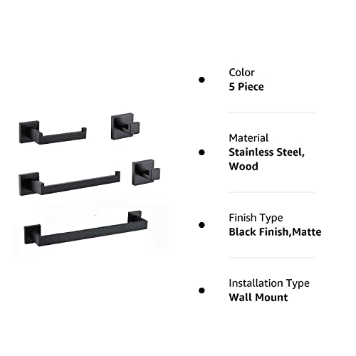 Ralbay 5-Pieces 14.2" Bath Towel Bar Set Black Premium Stainless Steel Square Style Matte Black Bathroom Hardware Accessories Set Wall Mounted Towel Rack Set