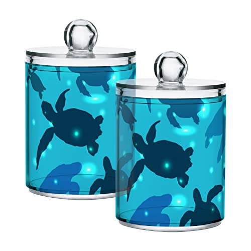 Nander Sea Turtle Cute Qtip Holder Dispenser 2Pack -Clear Plastic Apothecary Jars Set -Restroom Bathroom Makeup Organizers Containers for Cotton Swab, Ball, Pads, Floss