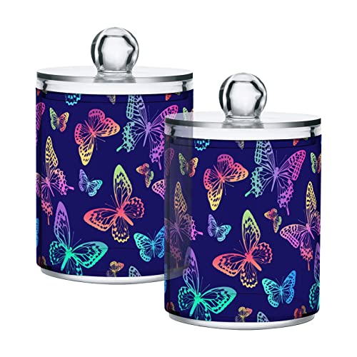 MNSRUU 2 Pack Qtip Holder Organizer Dispenser Purple Colorful Butterflies Bathroom Storage Canister Cotton Ball Holder Bathroom Containers for Cotton Swabs/Pads/Floss