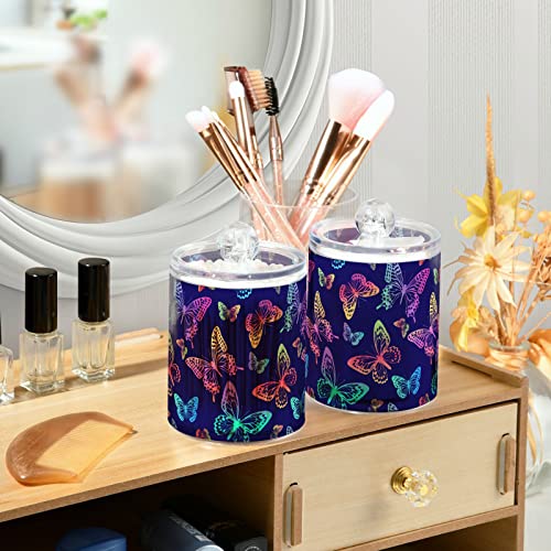 MNSRUU 2 Pack Qtip Holder Organizer Dispenser Purple Colorful Butterflies Bathroom Storage Canister Cotton Ball Holder Bathroom Containers for Cotton Swabs/Pads/Floss