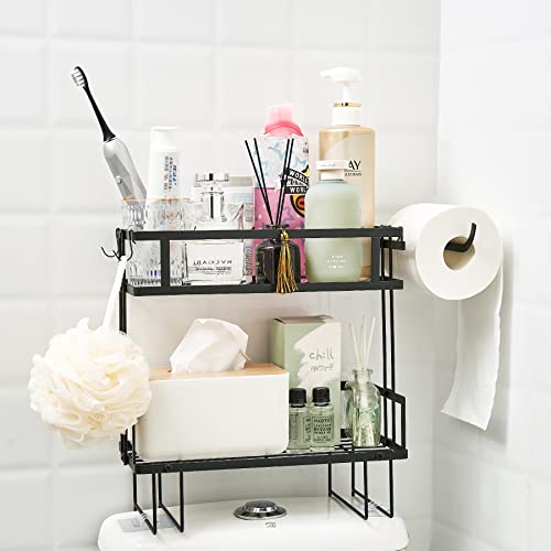 Bathroom Storage Shelf Over Toilet Organizer 2 Tier Storage Rack with Paper Holder Hooks Space Saver for Home Black