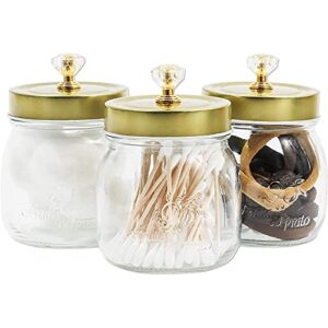 glass vanity canisters with gold lids, mason jar bathroom set (3 pack)