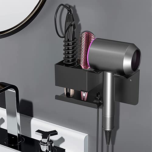 ADORILA Hair Dryer Holder Wall Mounted, Hair Blow Dryer Holder for Bathroom, Aluminum Alloy Hair Styling Care Tool Organizer with Plug Hook