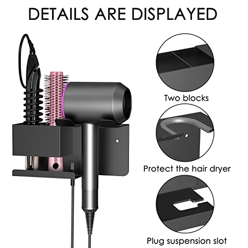 ADORILA Hair Dryer Holder Wall Mounted, Hair Blow Dryer Holder for Bathroom, Aluminum Alloy Hair Styling Care Tool Organizer with Plug Hook