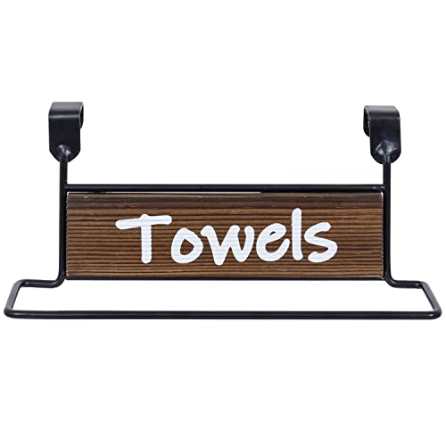 MyGift 10 Inch Matte Black Metal Bar Over Cabinet Door Kitchen Tea Towel Hanger Rack with Rustic Burnt Wood Sign White Print Lettering “Towels” Label Design