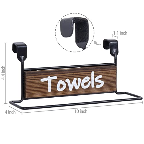 MyGift 10 Inch Matte Black Metal Bar Over Cabinet Door Kitchen Tea Towel Hanger Rack with Rustic Burnt Wood Sign White Print Lettering “Towels” Label Design