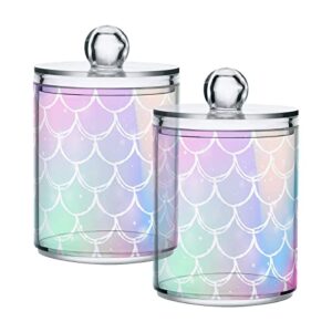 2 pack qtip holder dispenser for cotton ball rainbow scales mermaid cotton swab cotton round pads clear plastic acrylic jar set bathroom canister