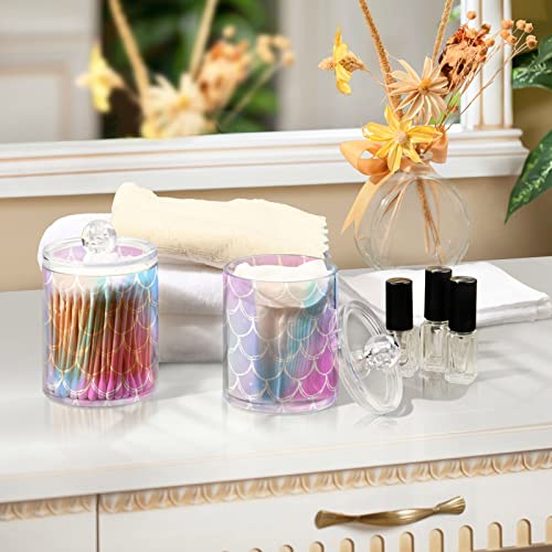 2 Pack Qtip Holder Dispenser for Cotton Ball Rainbow Scales Mermaid Cotton Swab Cotton Round Pads Clear Plastic Acrylic Jar Set Bathroom Canister