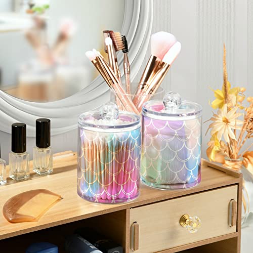 2 Pack Qtip Holder Dispenser for Cotton Ball Rainbow Scales Mermaid Cotton Swab Cotton Round Pads Clear Plastic Acrylic Jar Set Bathroom Canister